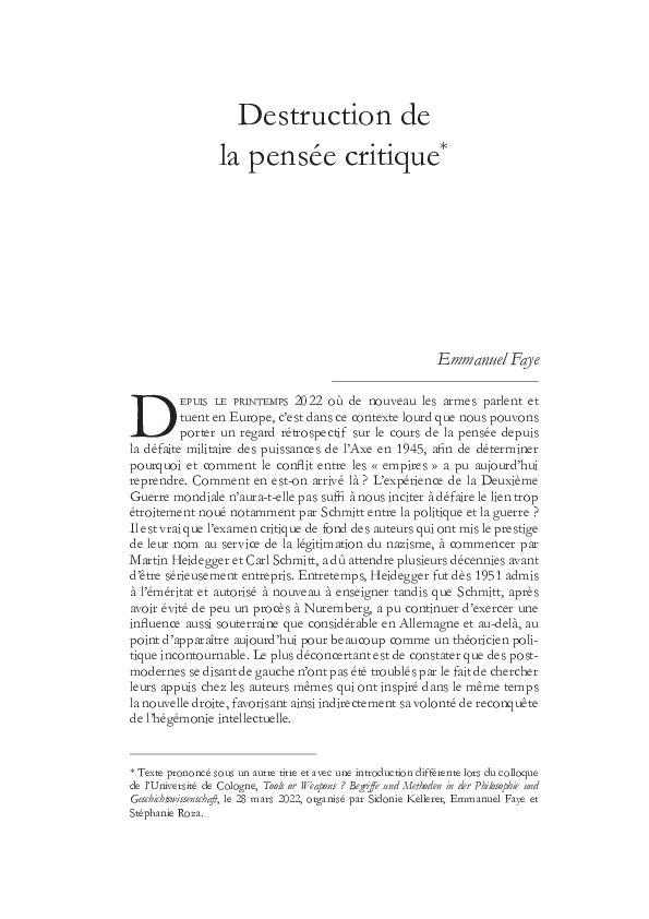 (PDF) Destruction de la pensée critique. Hans-Georg Gadamer et Reinhart ...