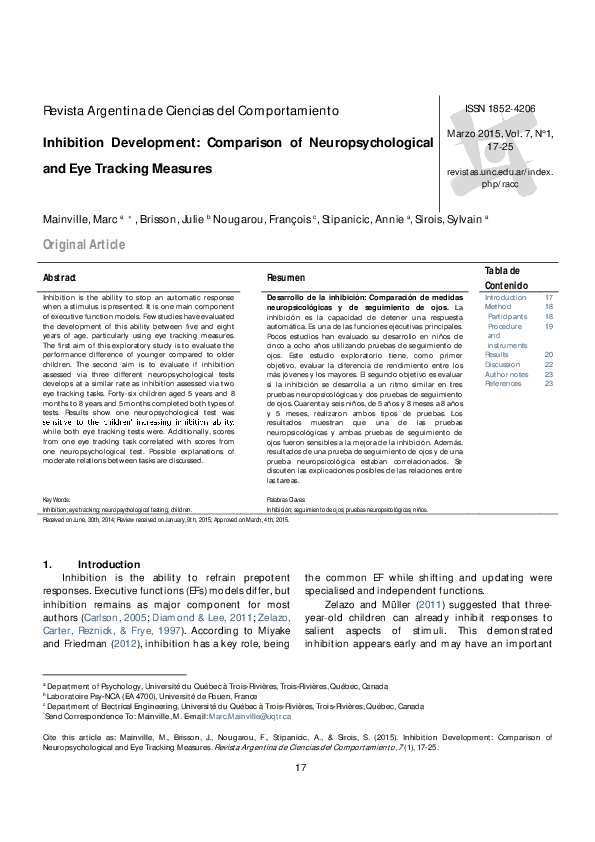 (PDF) Inhibition Development: Comparison of Neuropsychological and Eye ...