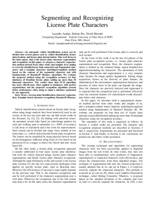 Pdf Segmenting And Recognizing License Plate Characters Leandro Araújo