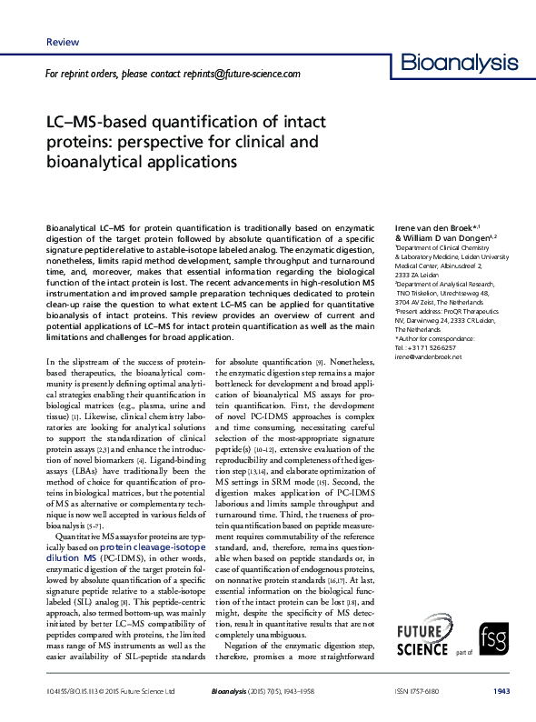 (PDF) LC–MS-based quantification of intact proteins: perspective for ...