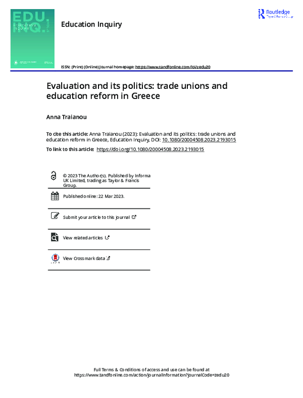 (PDF) Evaluation and its politics: trade unions and education reform in ...