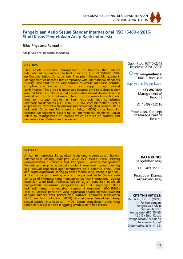 (PDF) Pengelolaan Arsip Sesuai Standar Internasional (Iso 15489-1:2016) Studi Kasus Pengelolaan ...