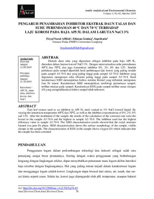 (PDF) Pengaruh Penambahan Inhibitor Ekstrak Daun Talas Dan Suhu Perendaman 40 Oc Dan 70 Oc ...