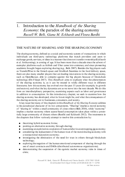 (PDF) Introduction to the Handbook of the Sharing Economy: the paradox ...