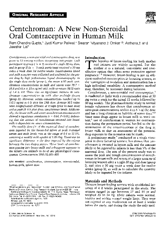 (PDF) Centchroman: A new non-steroidal oral contraceptive in human milk
