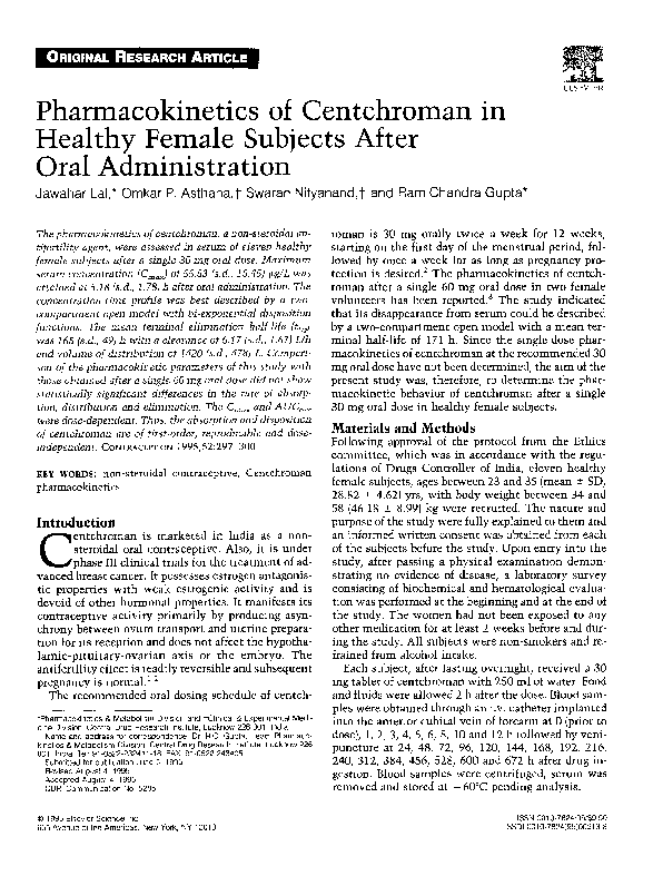 (PDF) Pharmacokinetics of centchroman in healthy female subjects after ...