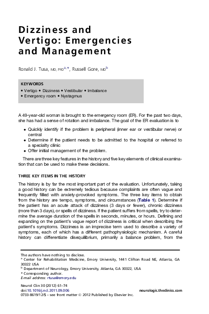 (PDF) Dizziness and Vertigo: Emergencies and Management