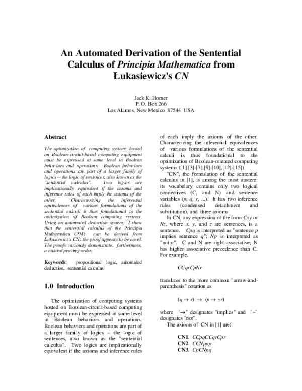 (PDF) An automated derivation of the sentential calculus of Principia Mathematica from ...
