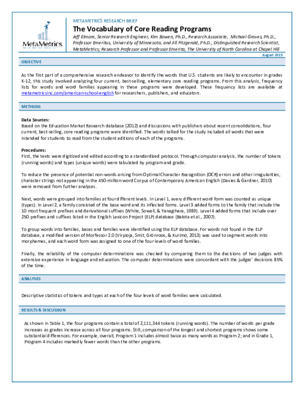 (PDF) The Vocabulary of Core Reading Programs