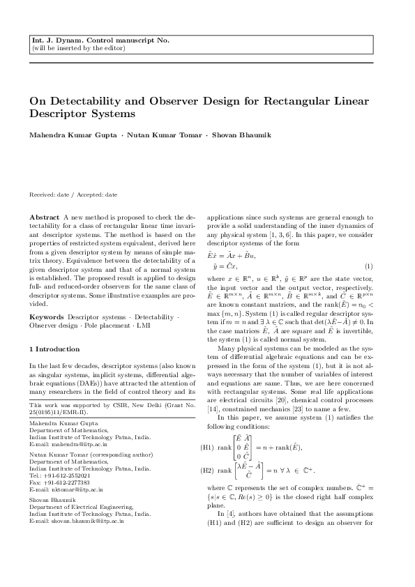 (PDF) On detectability and observer design for rectangular linear ...