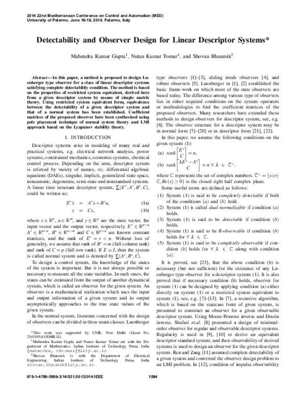 (PDF) Detectability and observer design for linear descriptor systems