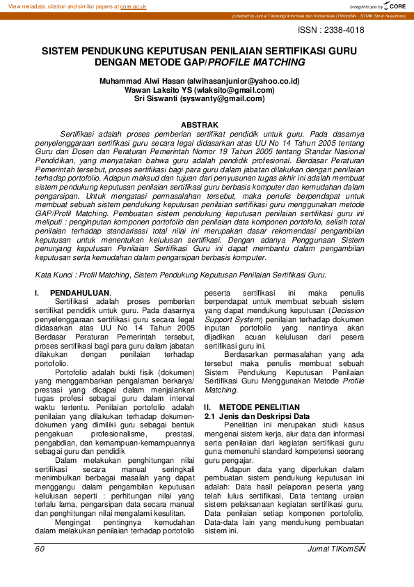 (PDF) Sistem Pendukung Keputusan Penilaian Sertifikasi Guru Dengan Metode Gap/Profile Matching
