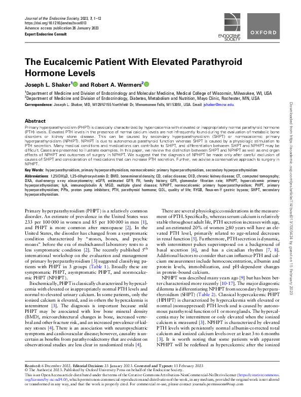 (PDF) The Eucalcemic Patient With Elevated Parathyroid Hormone Levels