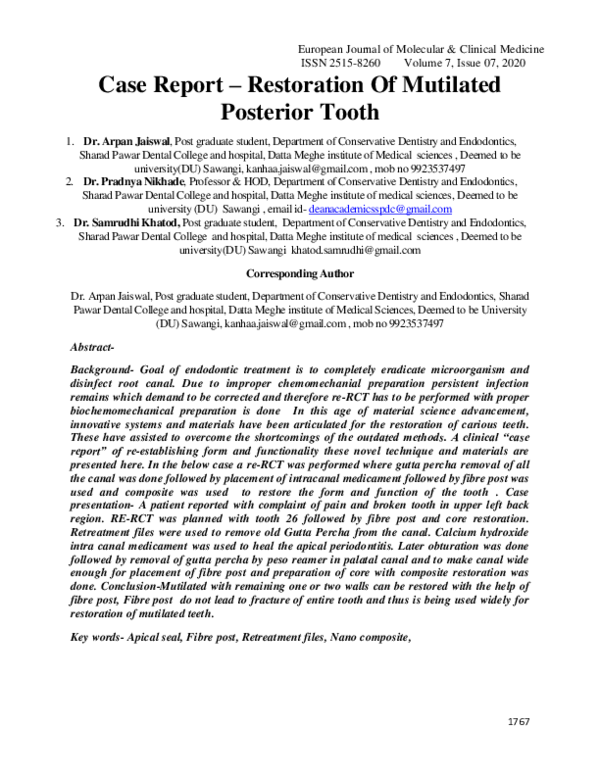 (PDF) Case Report – Restoration Of Mutilated Posterior Tooth