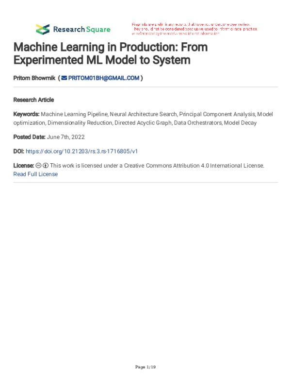 (PDF) Machine Learning in Production: From Experimented ML Model to System