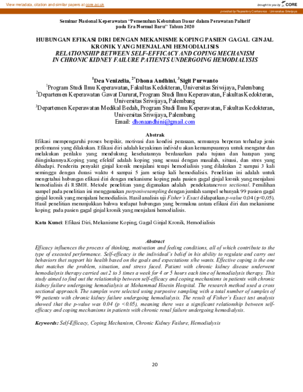 (PDF) Hubungan Efikasi Diri Dengan Mekanisme Koping Pasien Gagal Ginjal Kronik Yang Menjalani ...