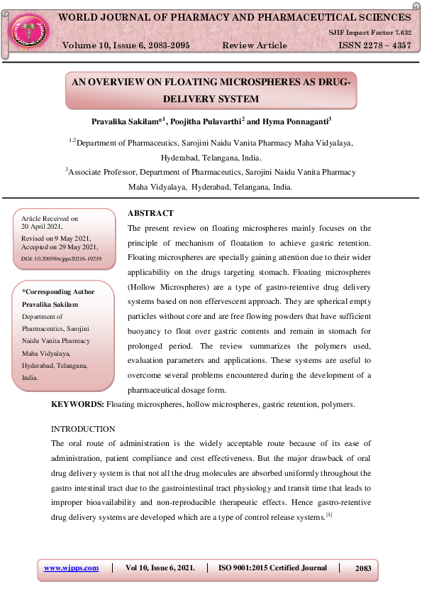 (PDF) AN OVERVIEW ON FLOATING MICROSPHERES AS DRUG-DELIVERY SYSTEM