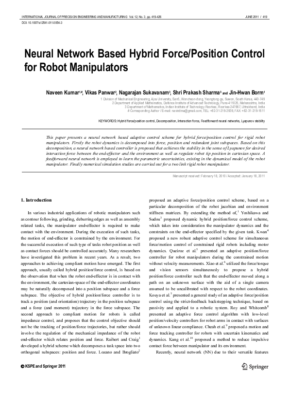 Pdf Neural Network Based Hybrid Force Position Control For Robot Manipulators Naveen Kumar C