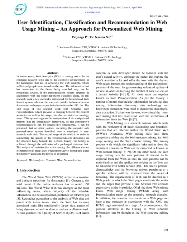 Pdf User Identification Classification And Recommendation In Web Usage Mining An Approach