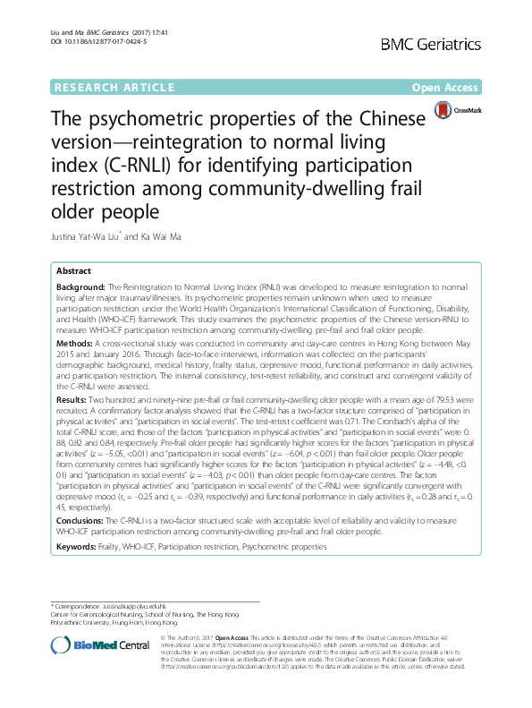 (PDF) The psychometric properties of the Chinese version-reintegration ...