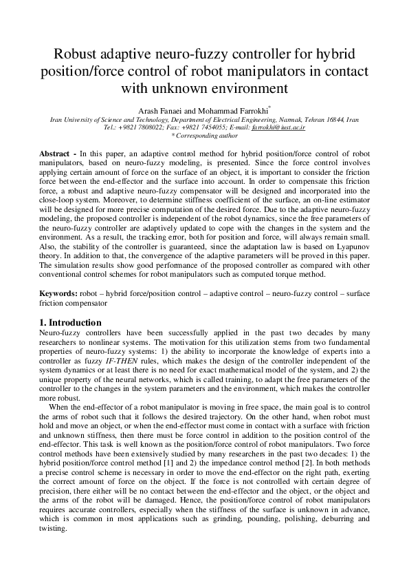 Pdf Robust Adaptive Neuro Fuzzy Controller For Hybrid Position Force Control Of Robot