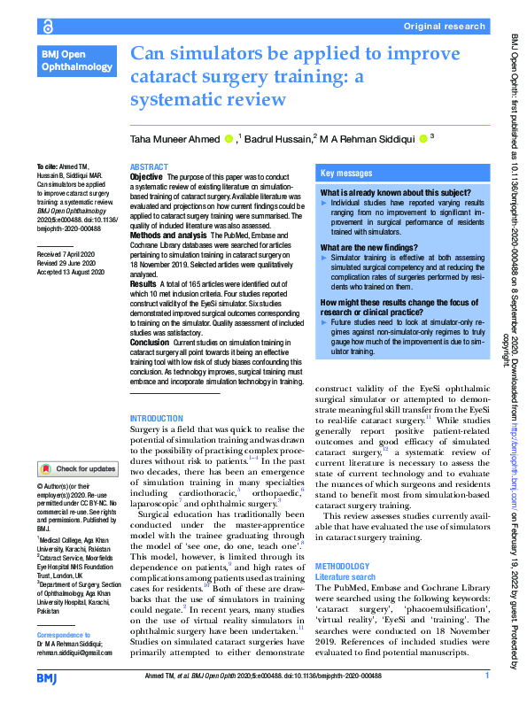 (PDF) Can simulators be applied to improve cataract surgery training: a systematic review