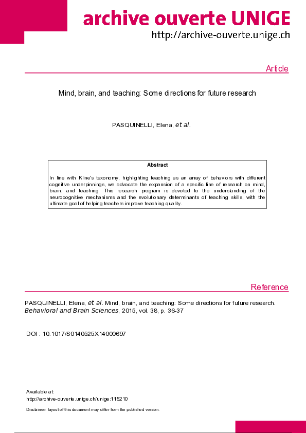 (PDF) Mind, brain, and teaching: Some directions for future research