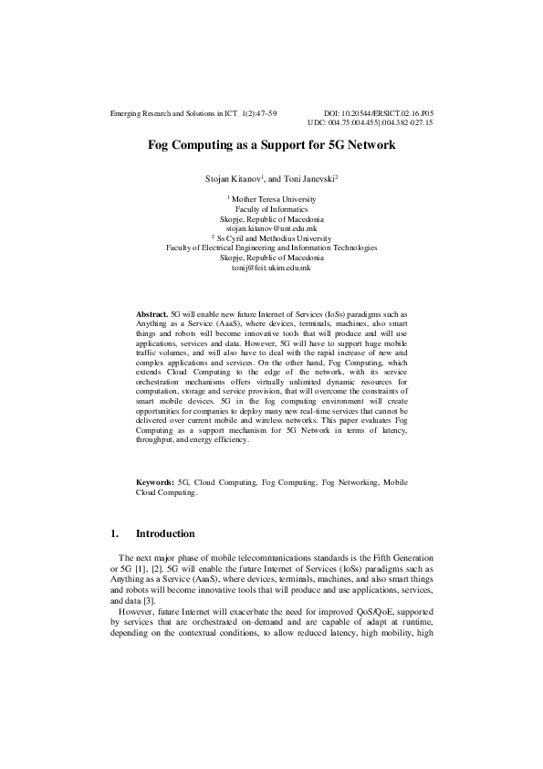 (PDF) Fog Computing as a Support for 5G Network