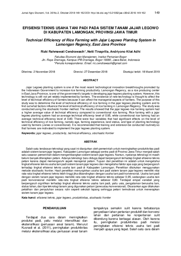 (PDF) Technical Efficiency of Rice Farming with Jajar Legowo Planting ...
