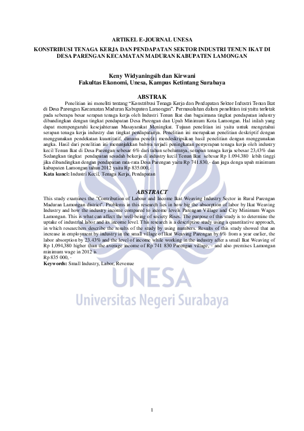 (PDF) Artikel E-Journal Unesa Konstribusi Tenaga Kerja Dan Pendapatan Sektor Industri Tenun Ikat DI
