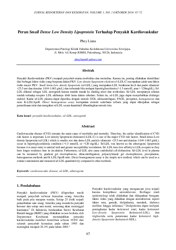 (PDF) Peran Small Dense Low Density Lipoprotein Terhadap Penyakit Kardiovaskular | Phey Liana ...