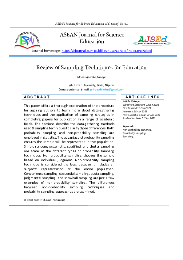 (PDF) Review of Sampling Techniques for Education