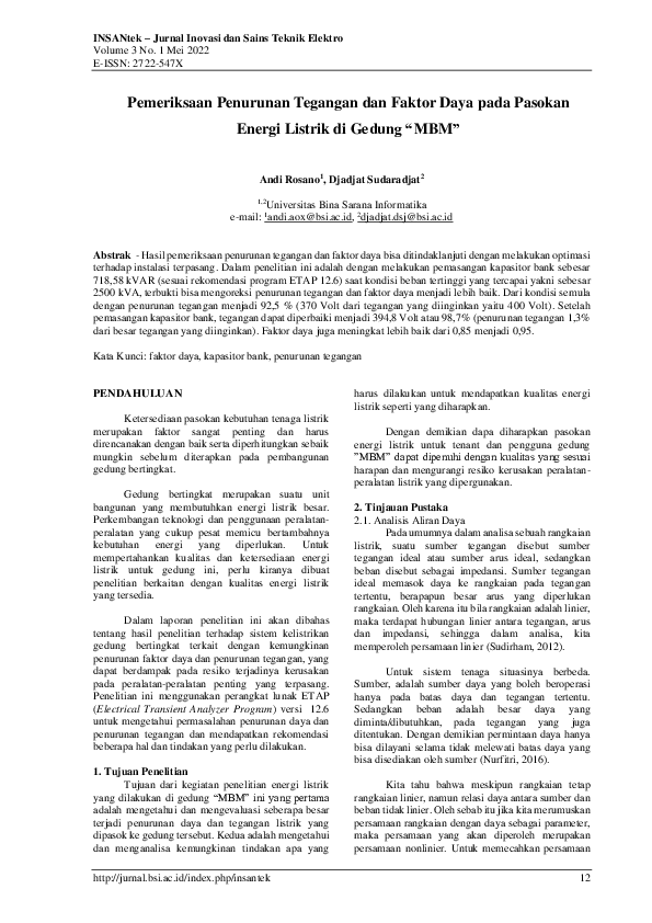 (PDF) Pemeriksaan Penurunan Tegangan dan Faktor Daya pada Pasokan Energi Listrik di Gedung “MBM ...