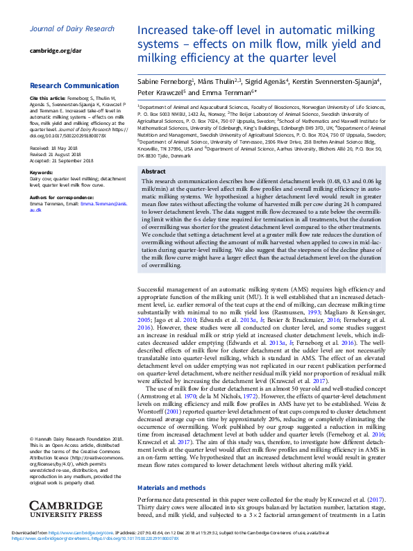 (PDF) Increased take-off level in automatic milking systems – effects ...