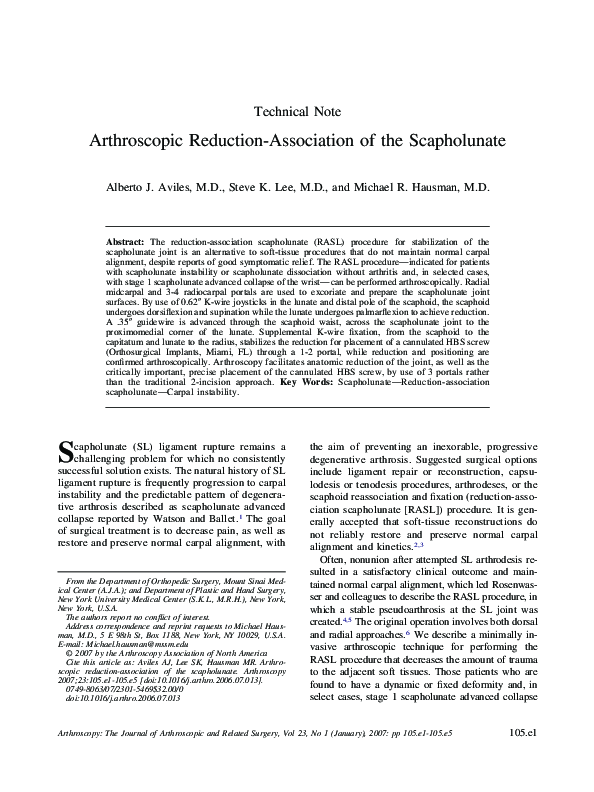 (PDF) Arthroscopic Reduction-Association of the Scapholunate