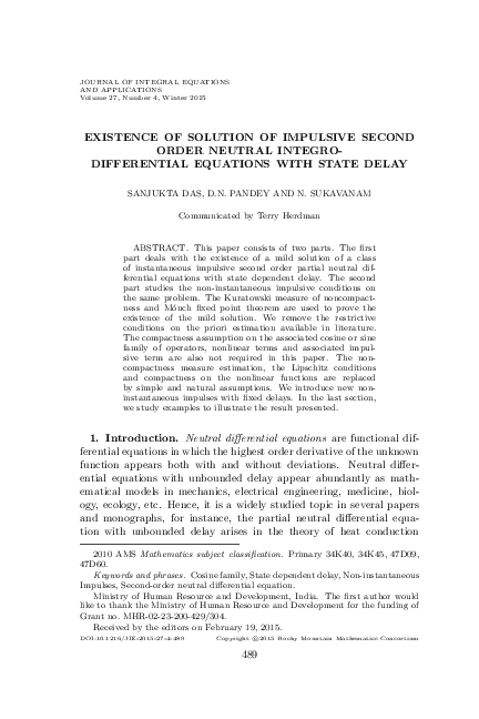 Pdf Existence Of Solution Of Impulsive Second Order Neutral Integro Differential Equations