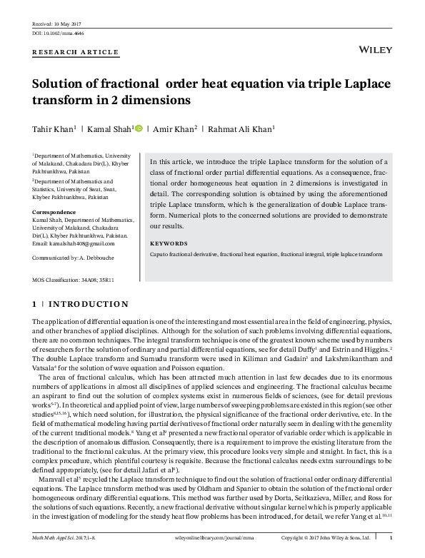 Pdf Solution Of Fractional Order Heat Equation Via Triple Laplace Transform In 2 Dimensions