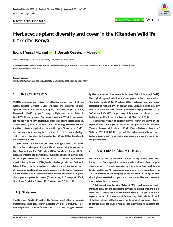 (PDF) Herbaceous plant diversity and cover in the Kitenden Wildlife Corridor, Kenya