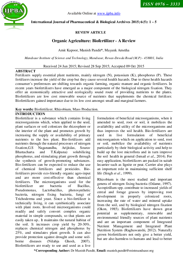 (PDF) Organic Agriculture: Biofertilizer-A Review
