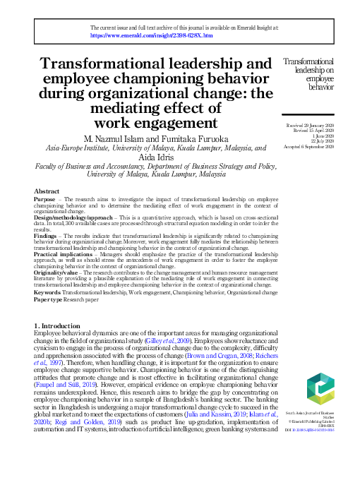 (PDF) Transformational leadership and employee championing behavior during organizational change ...