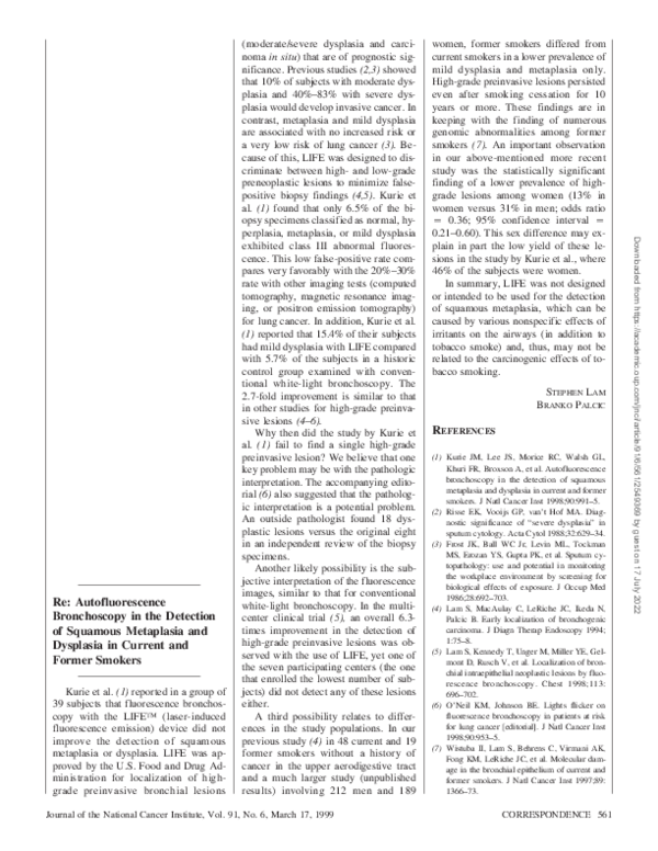 (PDF) Re: Autofluorescence Bronchoscopy in the Detection of Squamous ...