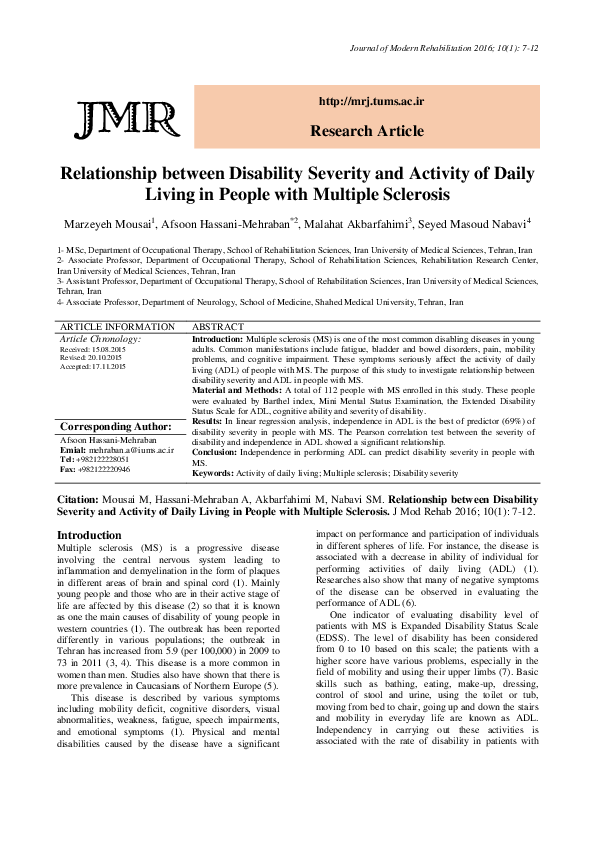 (PDF) Relationship between Disability Severity and Activity of Daily ...