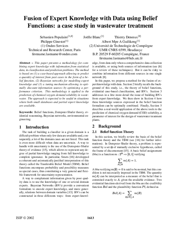 (PDF) Fusion of expert knowledge with data using belief functions: a case study in waste-water ...