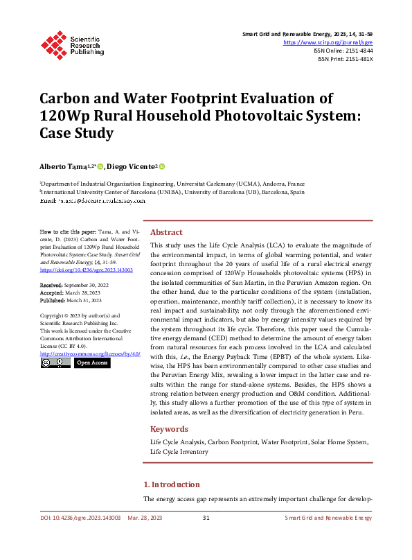(PDF) Carbon and Water Footprint Evaluation of 120Wp Rural Household Photovoltaic System: Case Study
