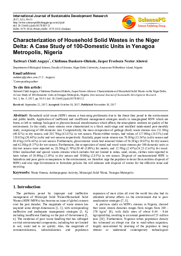 (PDF) Characterization of Household Solid Wastes in the Niger Delta: A ...