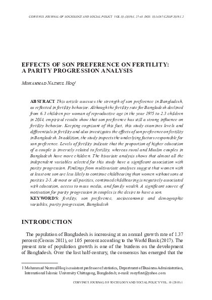 (PDF) Effects of son preference on fertility: A parity progression analysis