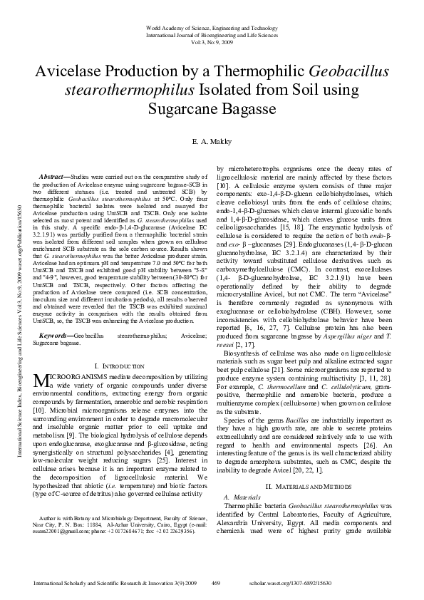 (PDF) Avicelase Production By A Thermophilic Geobacillus Stearothermophilus Isolated From Soil ...