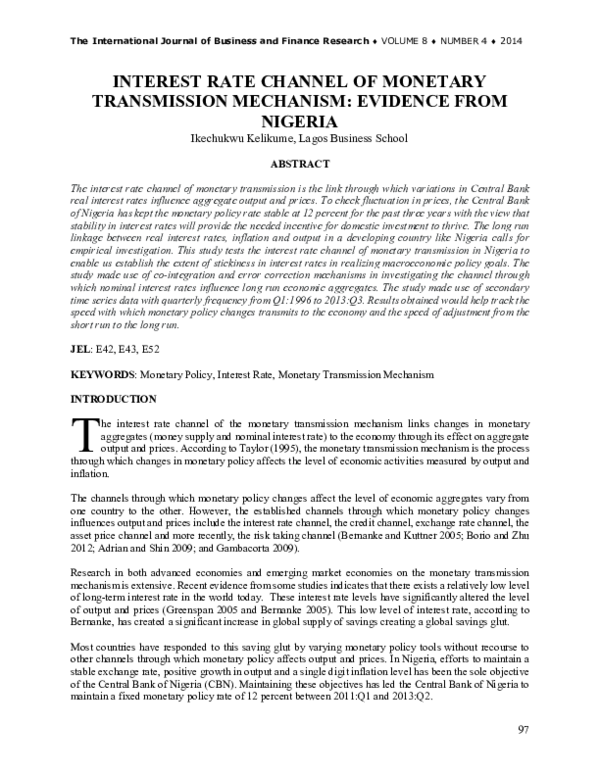 (PDF) Interest Rate Channel of Monetary Transmission Mechanism ...