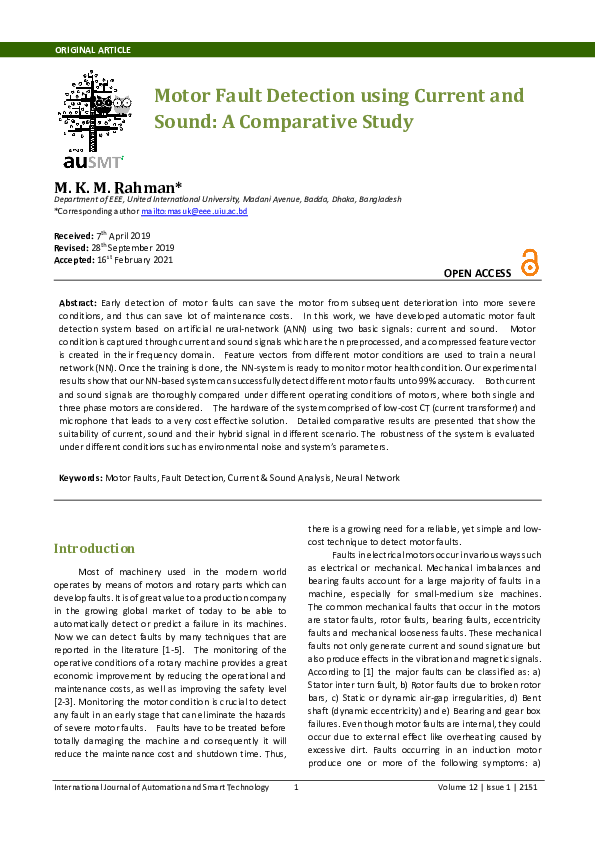 (PDF) Motor Fault Detection using Current and Sound: A comparative Study