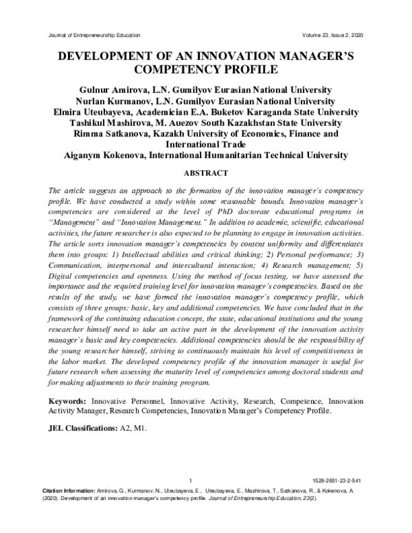 (PDF) Development of an Innovation Manager#39;s Competency Profile